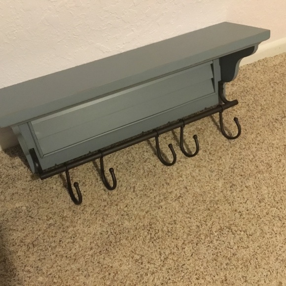 Wall Decor | Blue Gray Kitchen Shelf With 5 Big Hooks For Hanging Pots ...